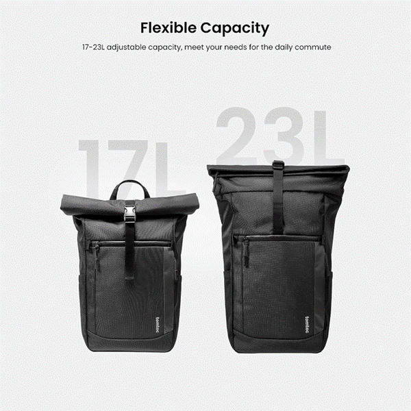 tomtoc 15.6 Inch Rolltop Adjustable Capacity Laptop Backpack - Black